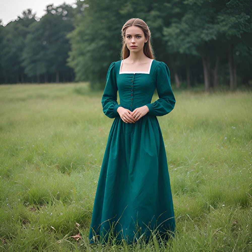 Emerald Green Renaissance Dress Square Neckline Puff Sleeves Full ...