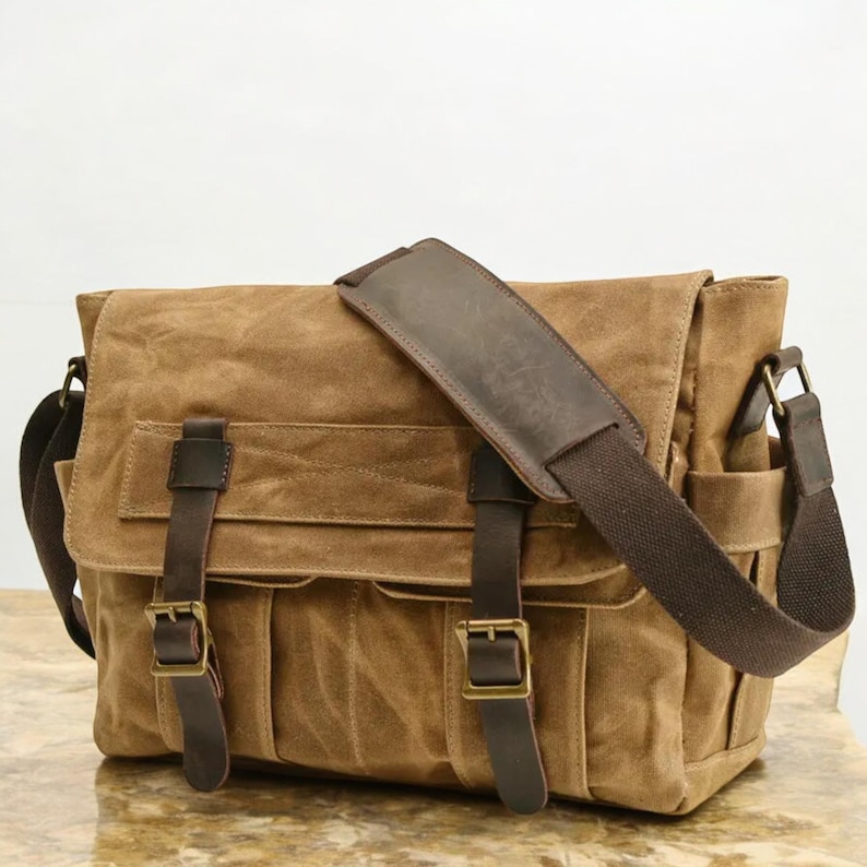 Vintage Waxed Canvas Leather Shoulder Bag Waterproof Crossbody Satchel ...
