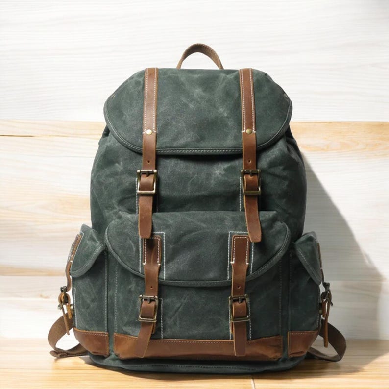 Vintage Waxed Canvas Leather Backpack Durable Rucksack for Men & Women ...