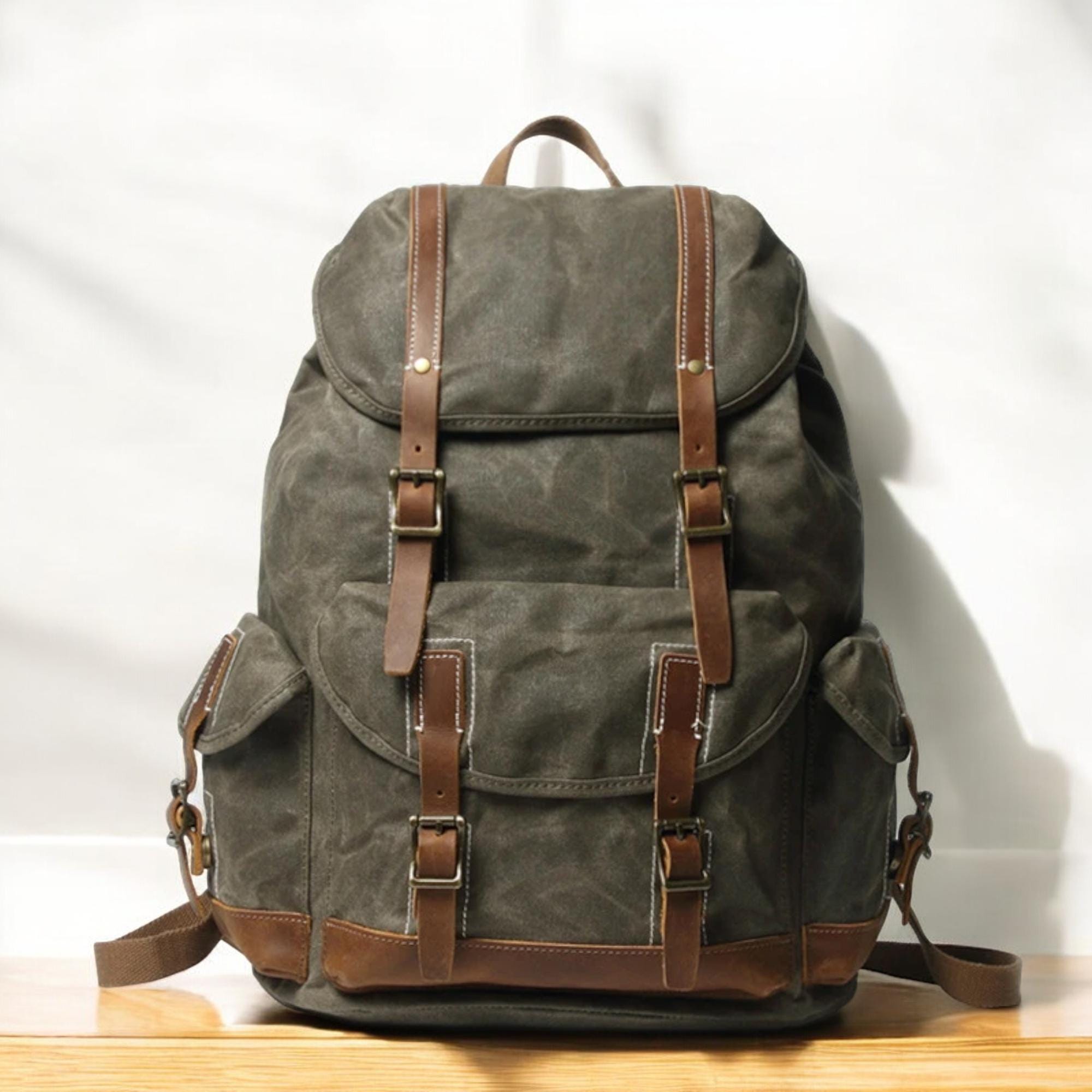 Vintage Waxed Canvas Leather Backpack Durable Rucksack for Men & Women ...