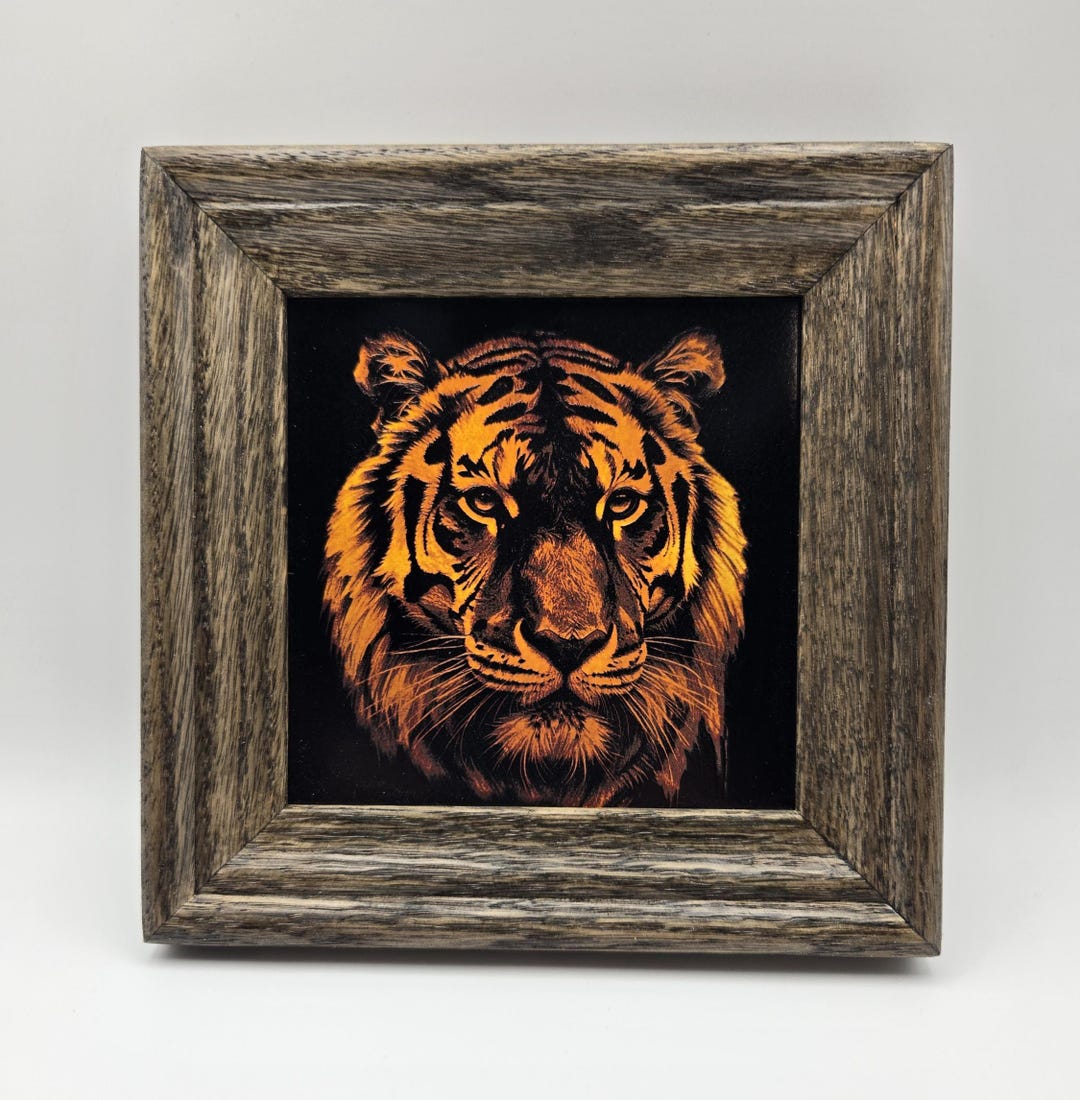 Laser Engraved Tiger Art: Handmade Red Oak Frame, Unique Ceramic Tile ...
