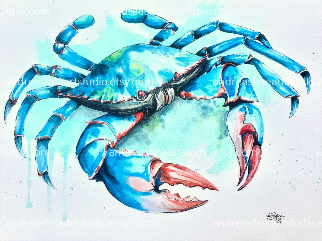 Blue Crab on Veridian Watercolor Print - Etsy