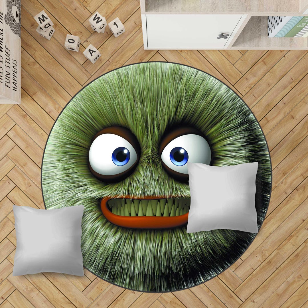 Hairy Green Monster Rug, Smiley Face Round Rug, Smiley Face Rug, Happy ...
