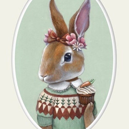 Bunny Art Rabbit With Carrot Cupcake Painting Fair Isle | Etsy