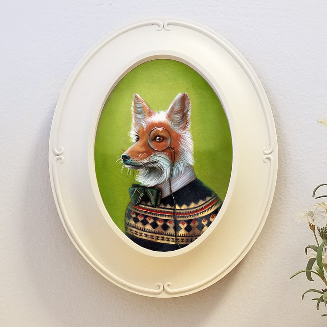Dapper Fox Art, Ready-to-hang Oval Framed Giclee of Fox in a Monocle ...