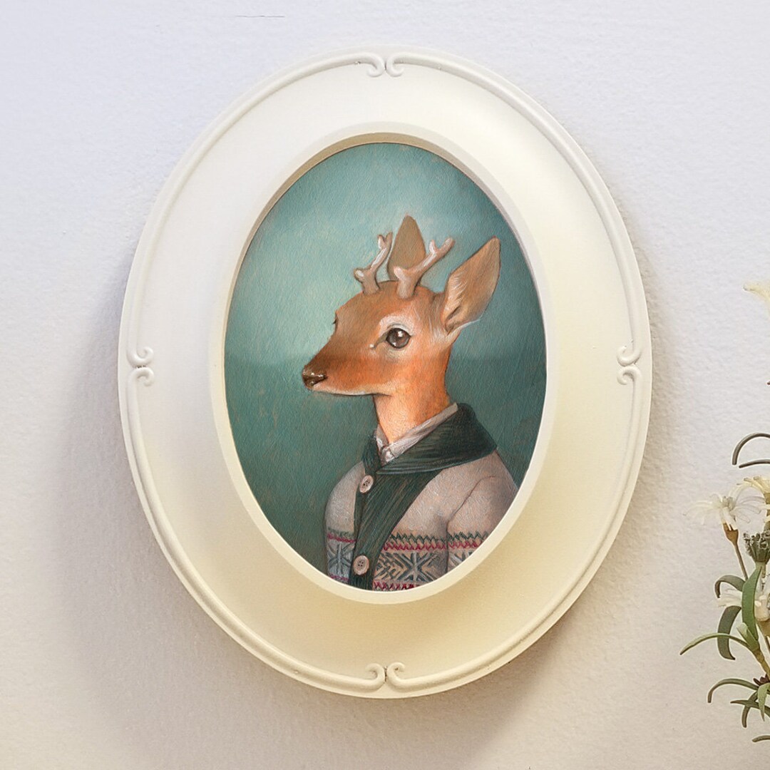 Deer Art, Ready-to-hang Oval Framed Giclee of Deer Wearing Sweater ...