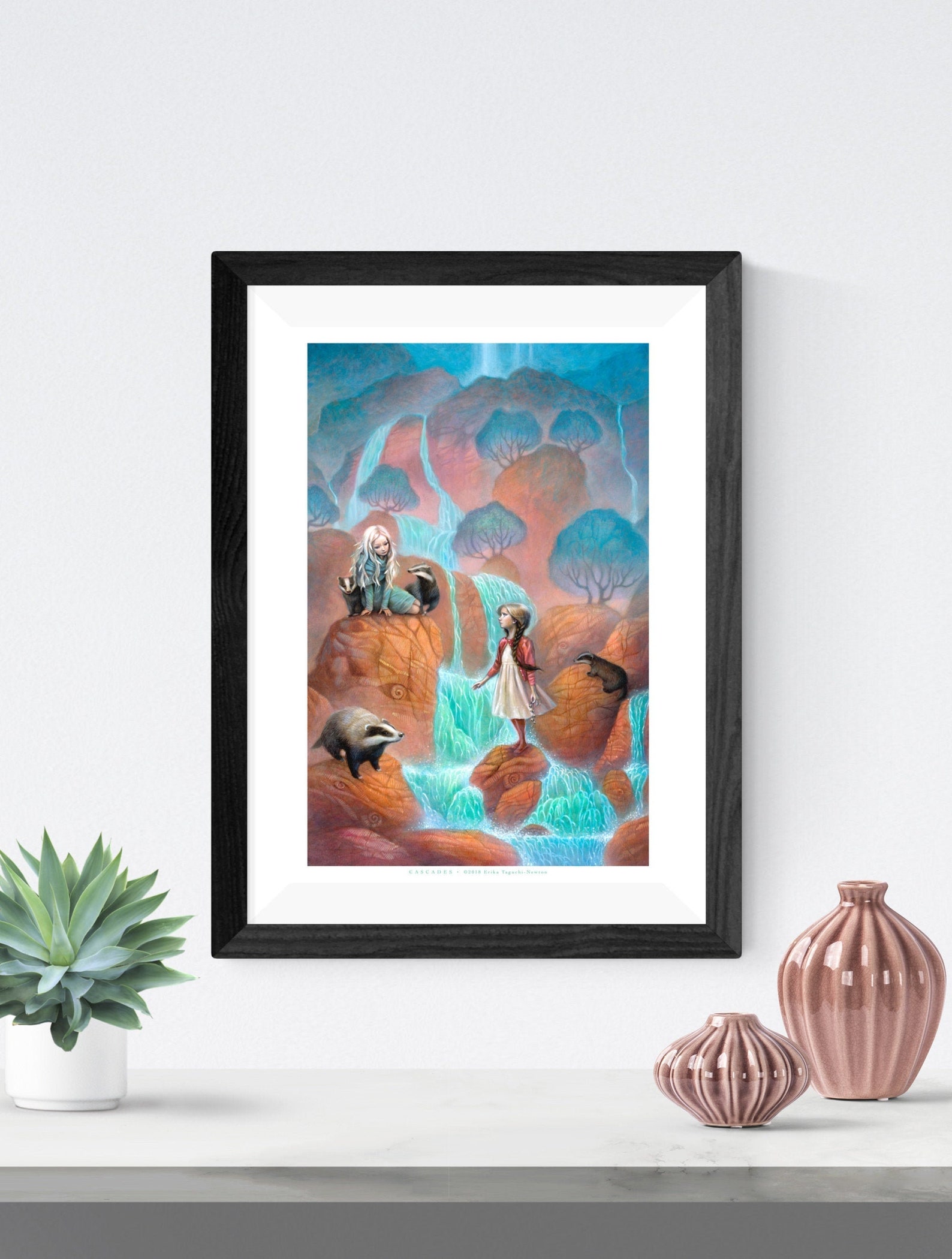 Girls Encounter in Magical Forest by Waterfall With Badgers Fantasy Art ...