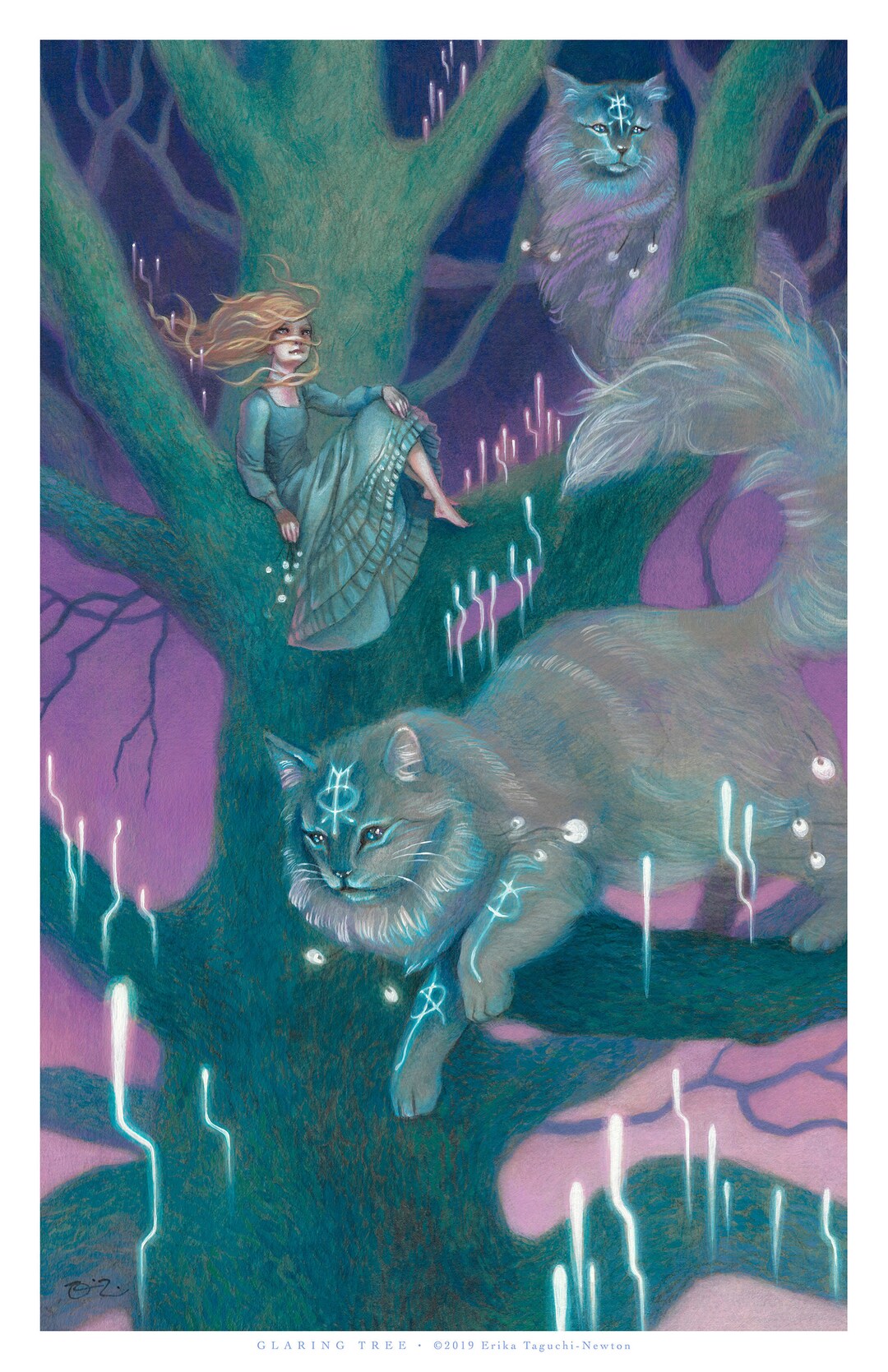 Girl With Forest Cats in Tree Fantasy Art, 11x17 Spirit Animal Painting ...