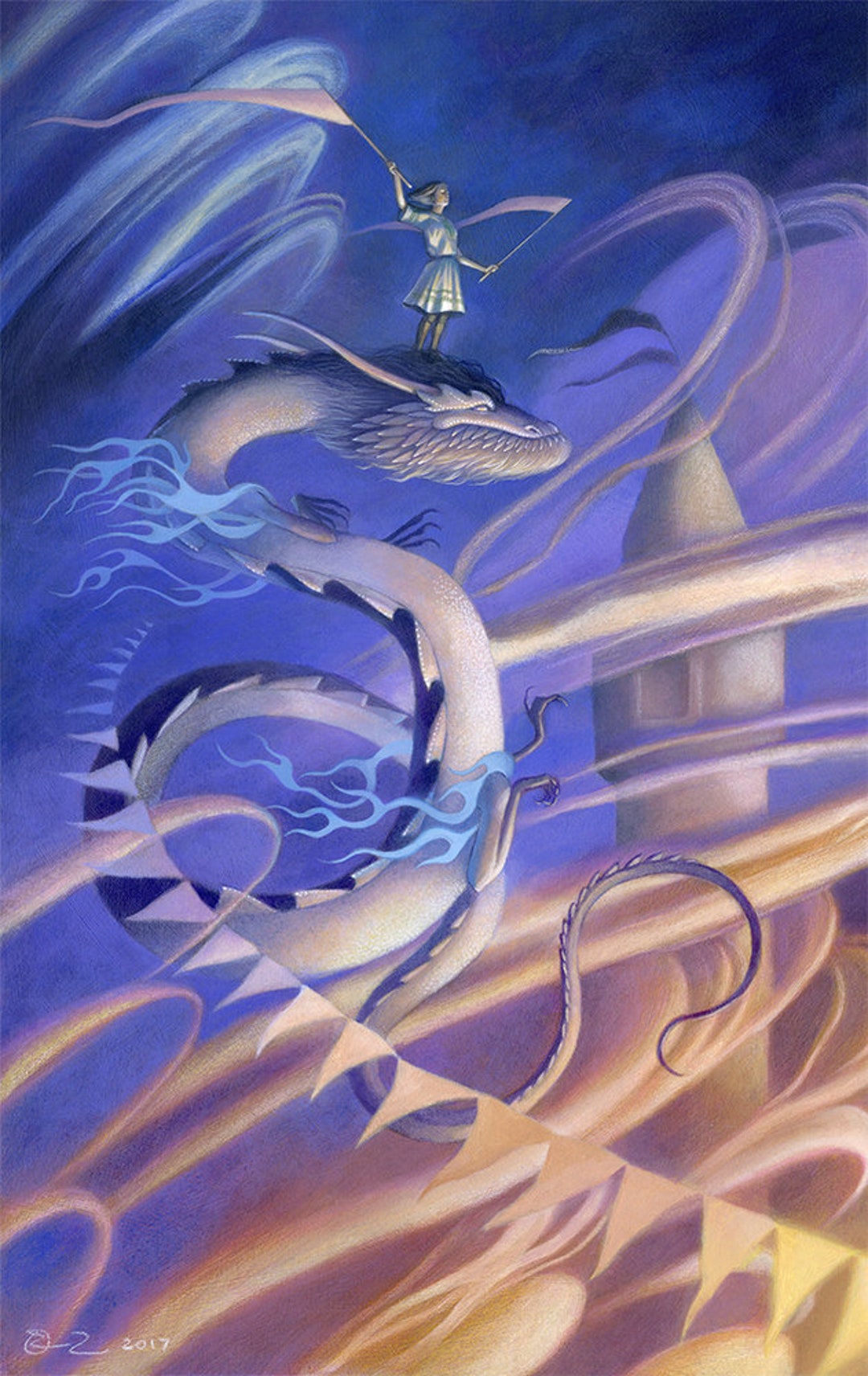 Girl Riding a Dragon Art, 11x17 Asian Dragon With Flags Painting ...