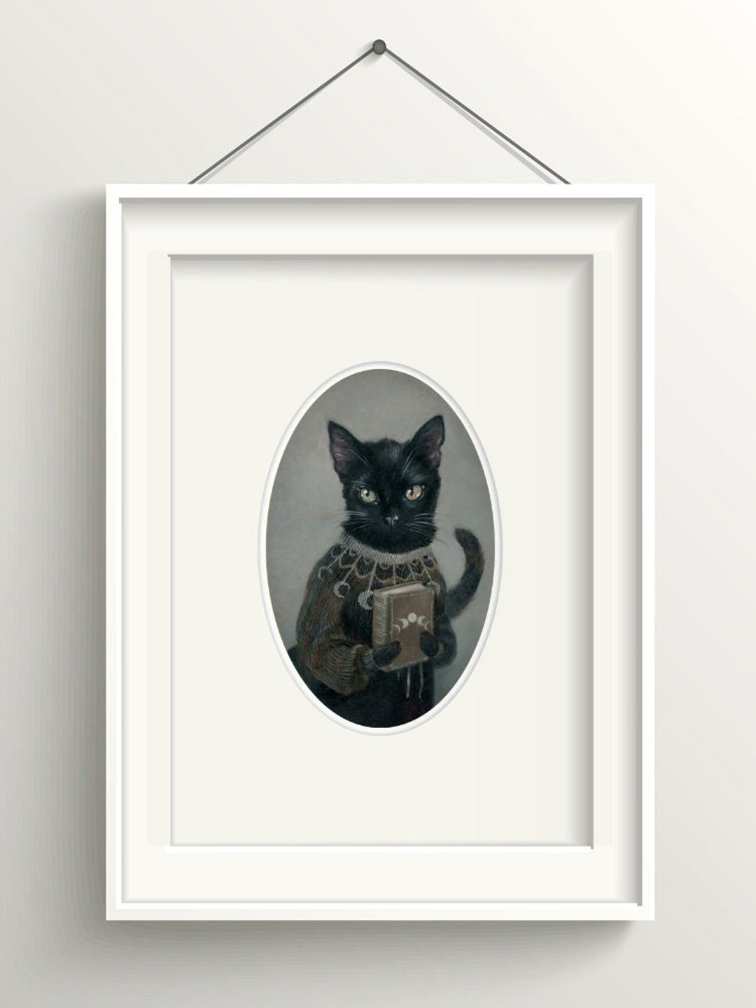 Black Cat in Sweater With Book Art Print, Animal Pet Portrait Painting ...