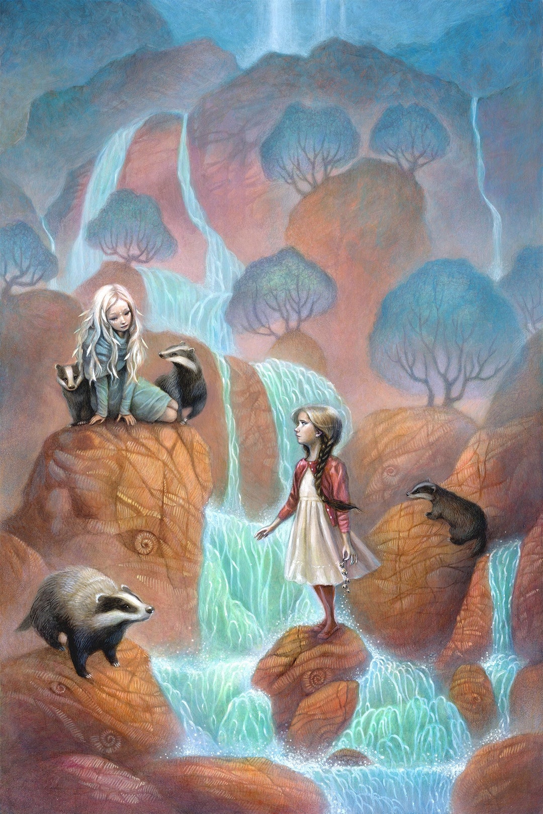 Girls Encounter in Magical Forest by Waterfall With Badgers Fantasy Art ...