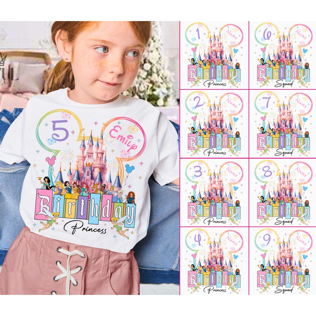 Custom Princess Birthday Shirt PNG Bundle, Personalized Toddler Birthday Gift, Birthday Girl ...