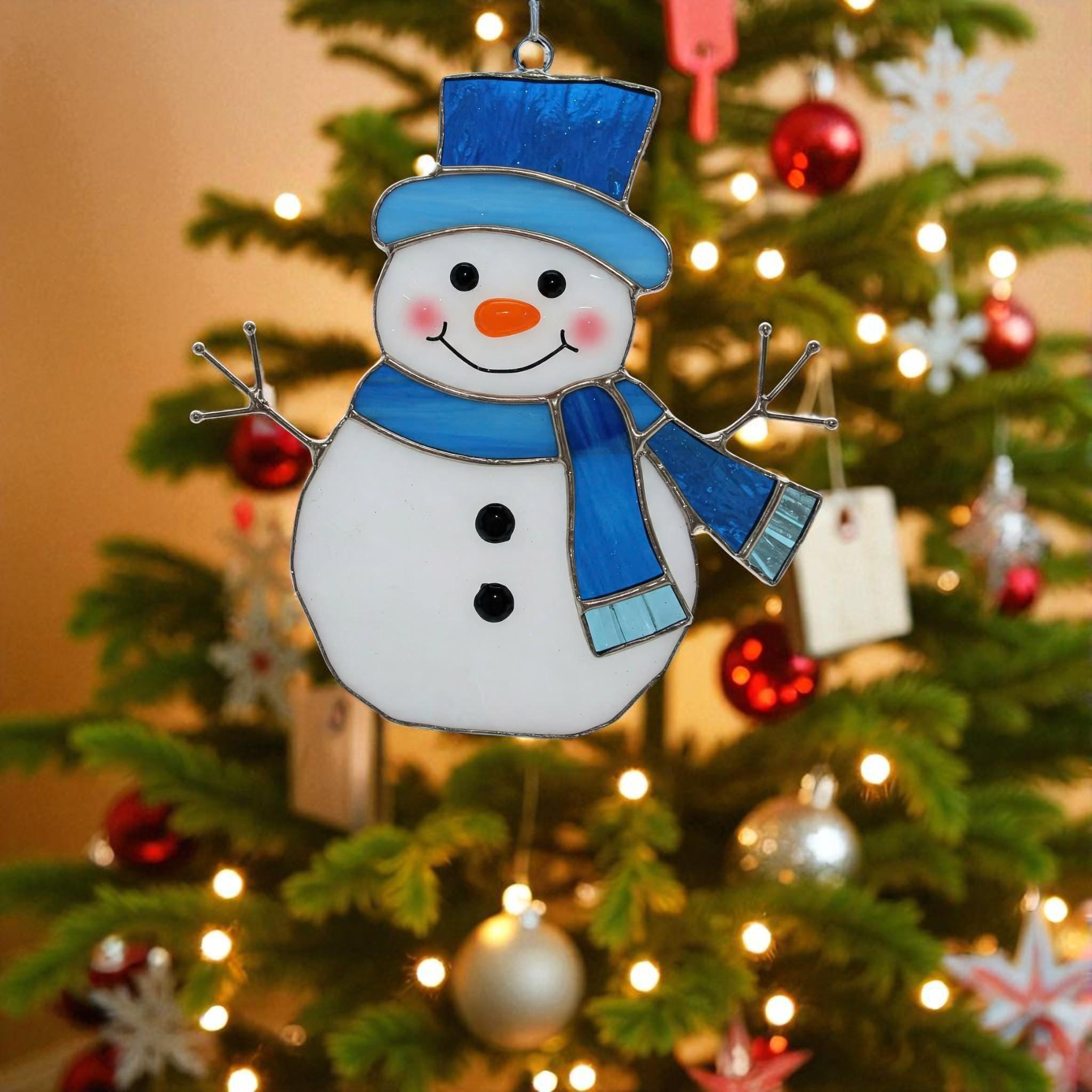 Snowman Stained Glass Ornament - Winter Glass Snowman Suncatcher ...