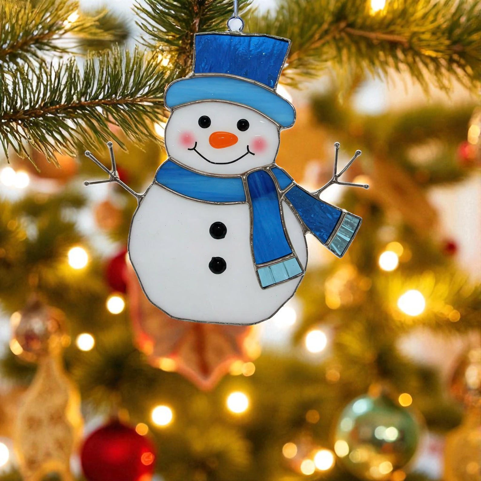 Snowman Stained Glass Ornament - Winter Glass Snowman Suncatcher ...