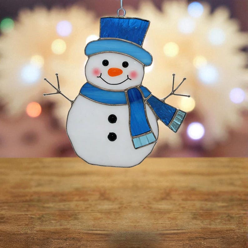 Snowman Stained Glass Ornament - Winter Glass Snowman Suncatcher ...