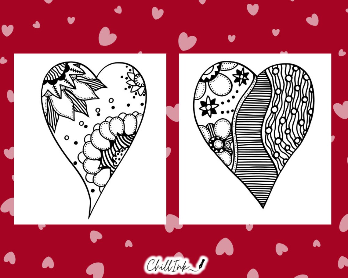 Zentangle Hearts Coloring Pages Printable PDF Download for Stress ...