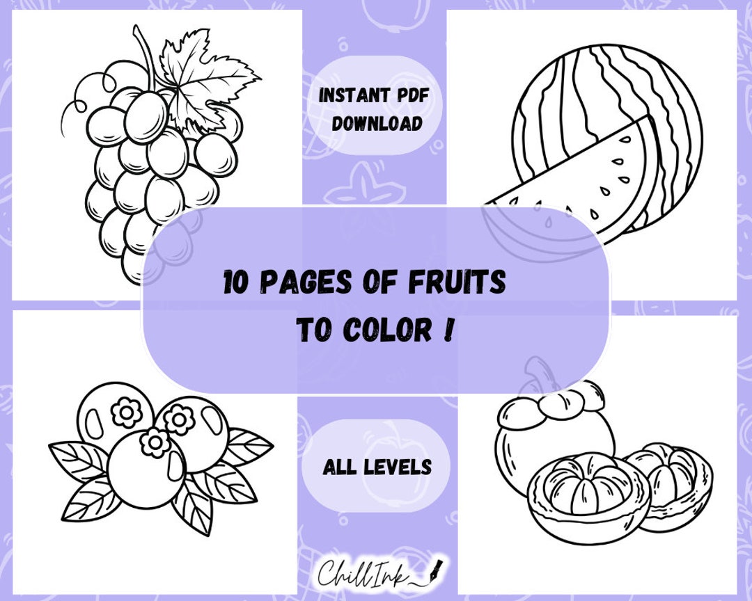 10 Pages of Fruits to Color Printable PDF Download Fun and Relaxing ...