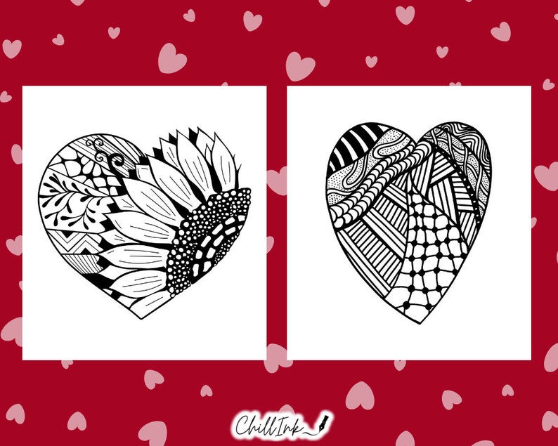 Zentangle Hearts Coloring Pages Printable PDF Download for Stress ...