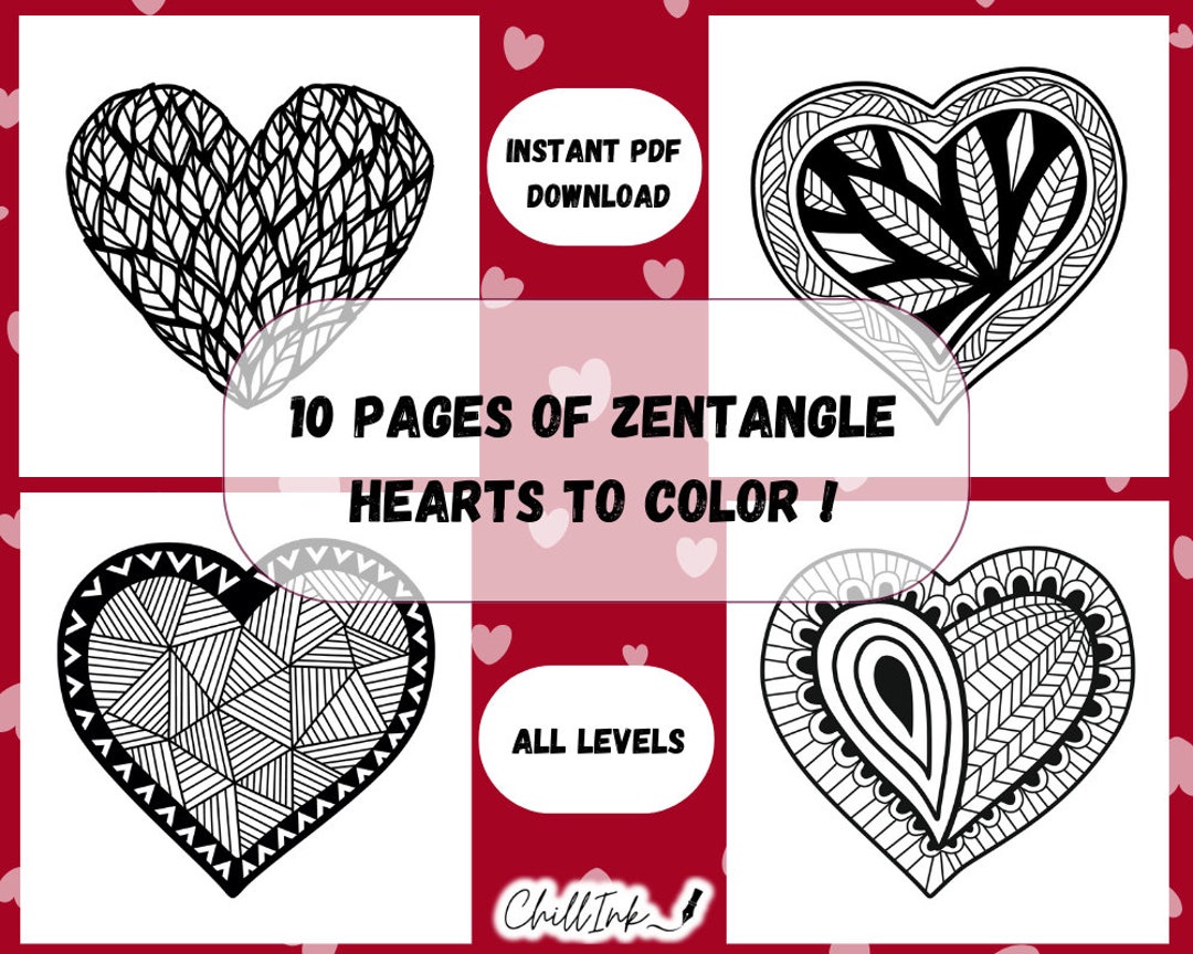Set of 10 Zentangle Hearts Coloring Pages Printable PDF Download for ...