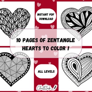 Set of 10 Zentangle Hearts Coloring Pages Printable PDF Download for ...