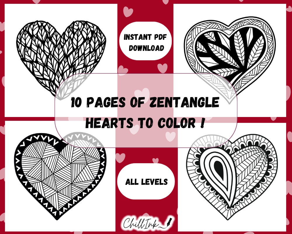 Zentangle Hearts Coloring Pages Printable PDF Download for Stress ...