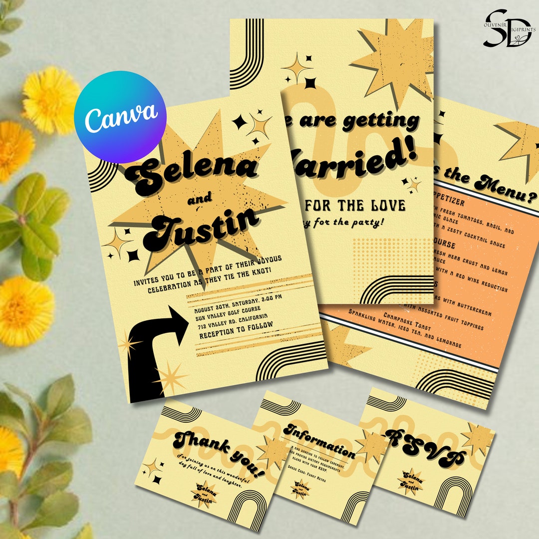 Funky Retro Wedding Invitation, Customizable Canva Template, Printable ...