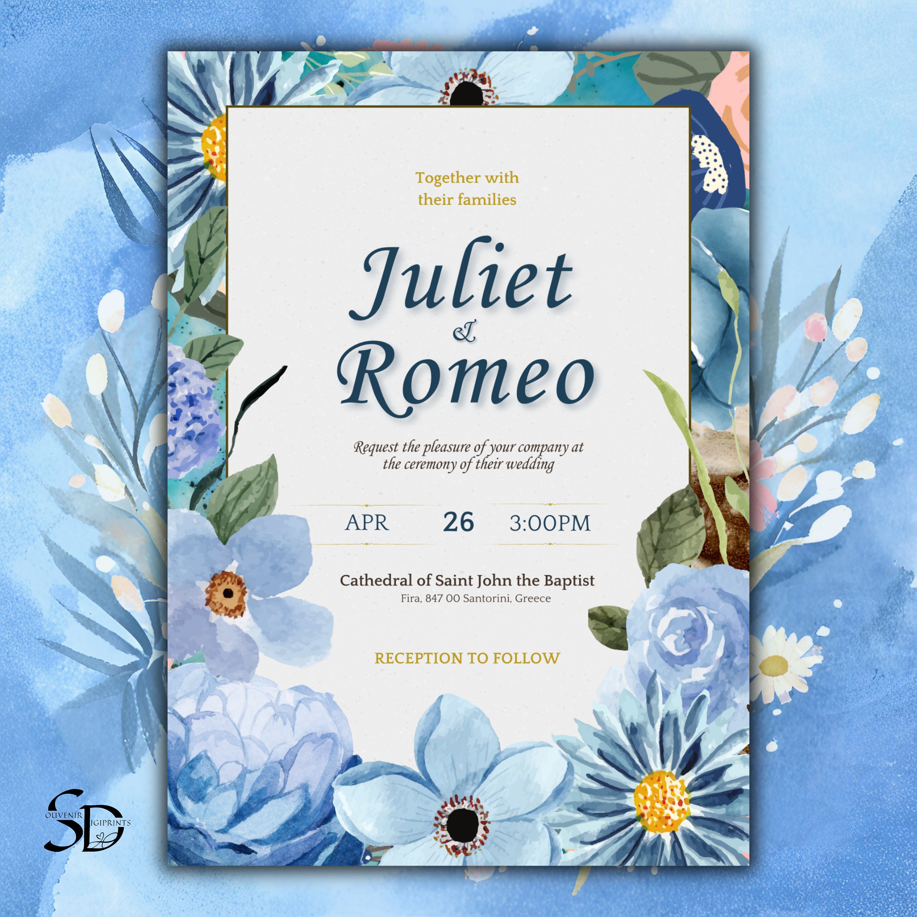 Blue Floral Wedding Invitation, Customizable Canva Template, Printable ...