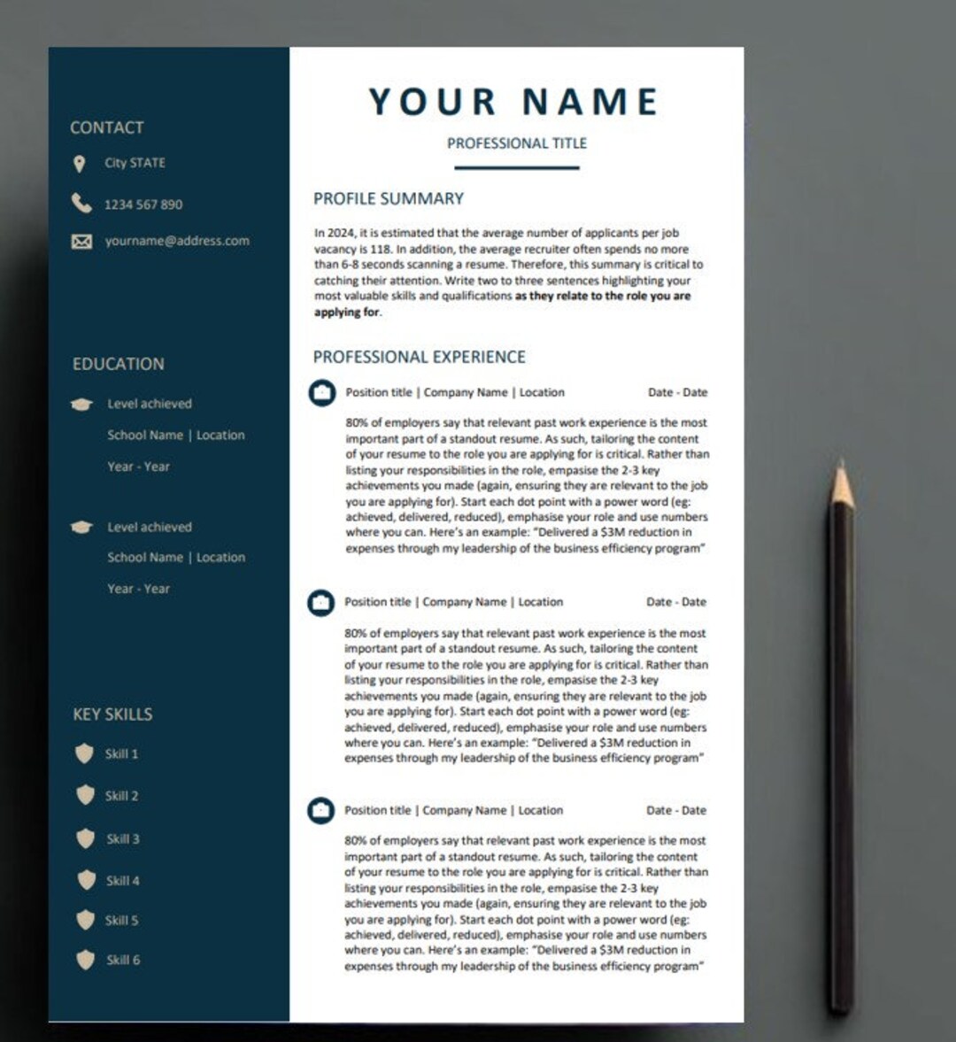 Professional, Modern Resume Template. Elegant 'side Bar' Design. Fully ...