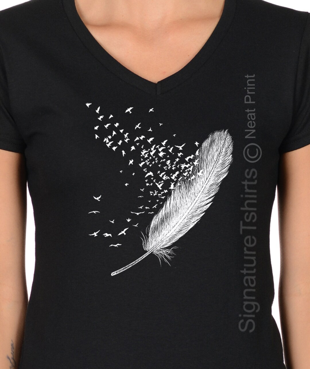 Plus Size Feather Birds Shirt, Graphic Tee, Women V-neck T Shirt ...