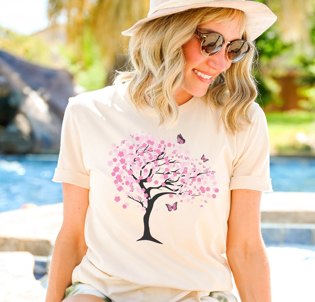 Cherry Tree With Butterflies Shirt, Sakura Tree, Graphic Shirt, Unisex ...