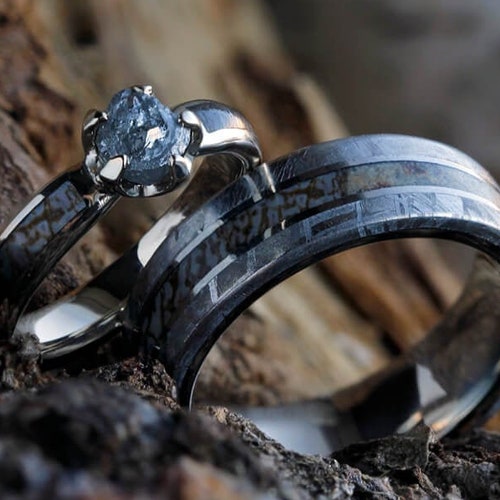 Rough Diamond Engagement Ring With Meteorite Inlay & Matching - Etsy