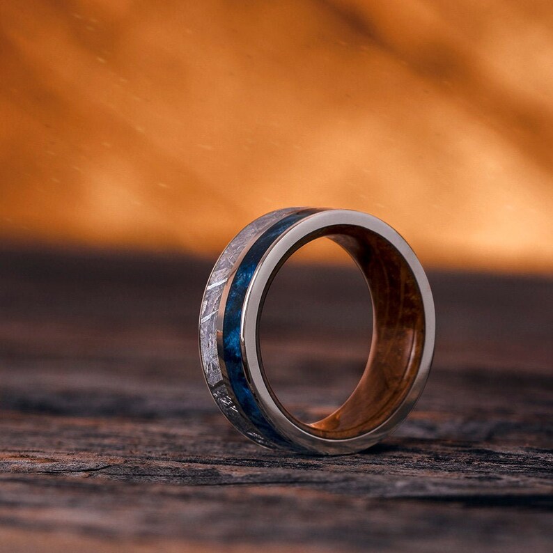 Meteorite & Blue Wood Ring With Whiskey Barrel Oak Wood Inside - Etsy