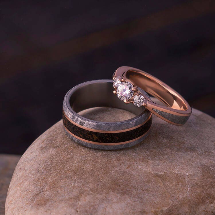 Matching Meteorite Rings With Rose Gold Three Stone Engagement | Etsy