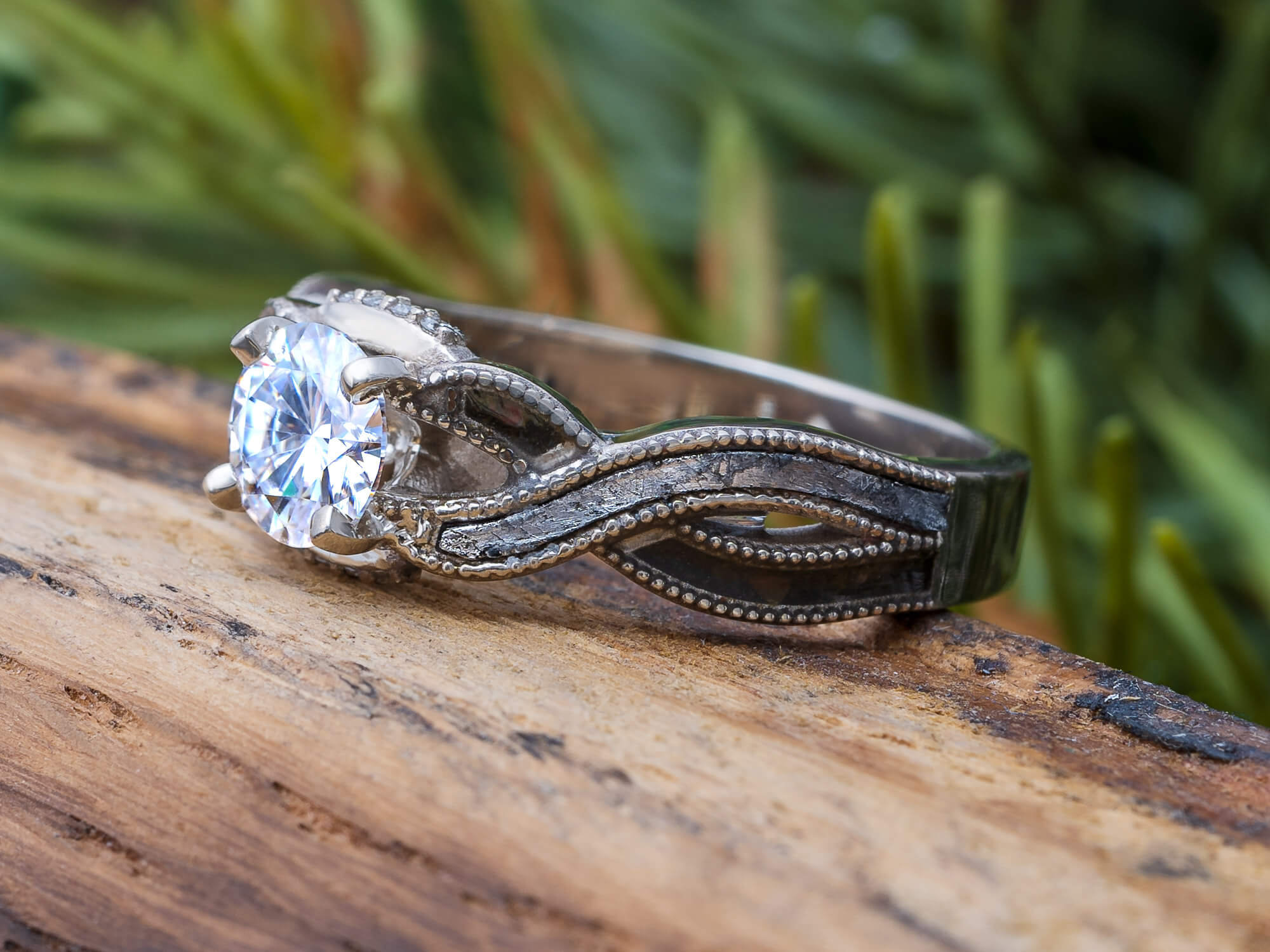 Meteorite & Dinosaur Bone Engagement Ring Unique Round Cut | Etsy