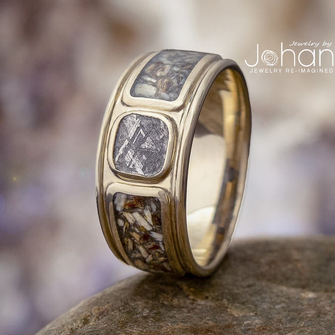 Dinosaur Bone & Meteorite Wedding Band With Signet Design Crafted in ...