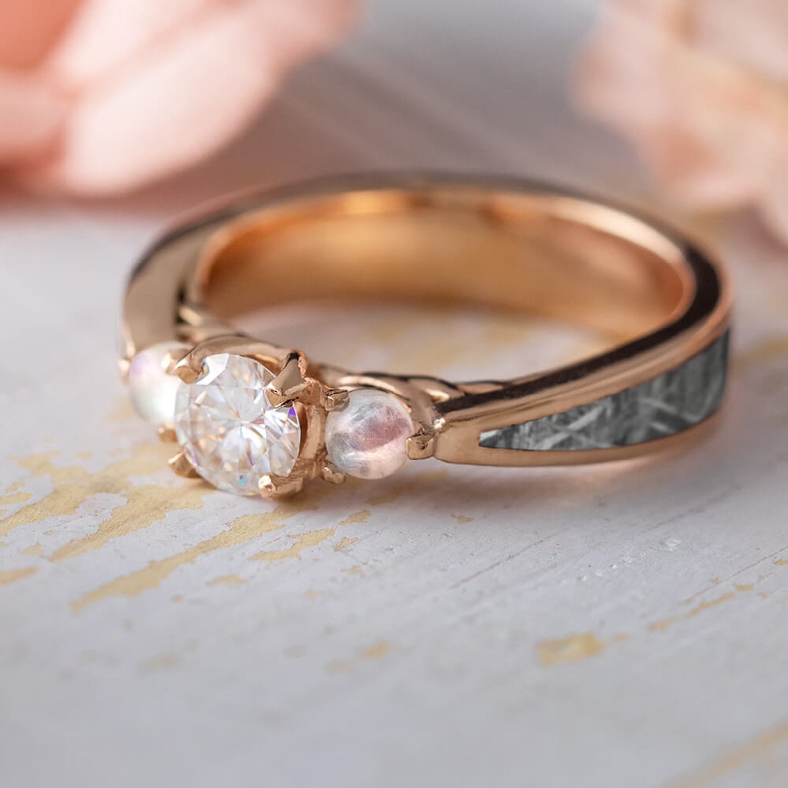 Moonstone & Meteorite Engagement Ring With Moissanite Center | Etsy