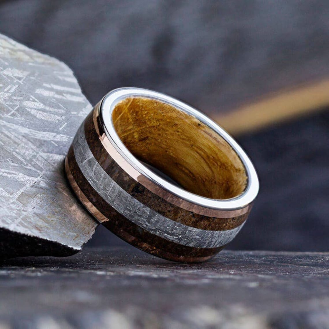 Rose Gold Fossil Ring Meteorite Wedding Band With Whiskey Oak | Etsy
