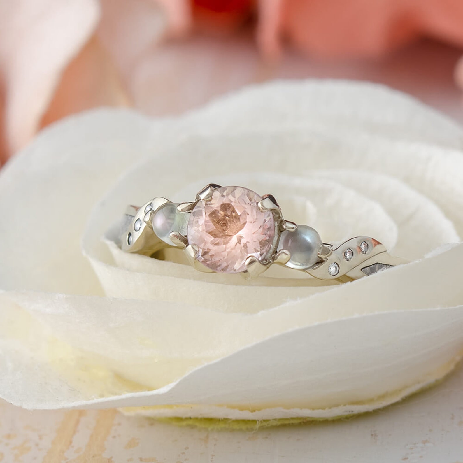 Morganite & Moonstone Engagement Ring With Meteorite Inlay - Etsy