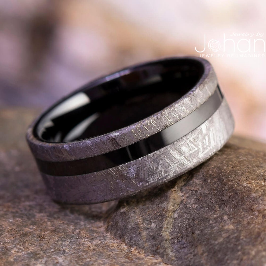 Unique Black Wedding Ring With Authentic Meteorite and Pinstripe - Etsy