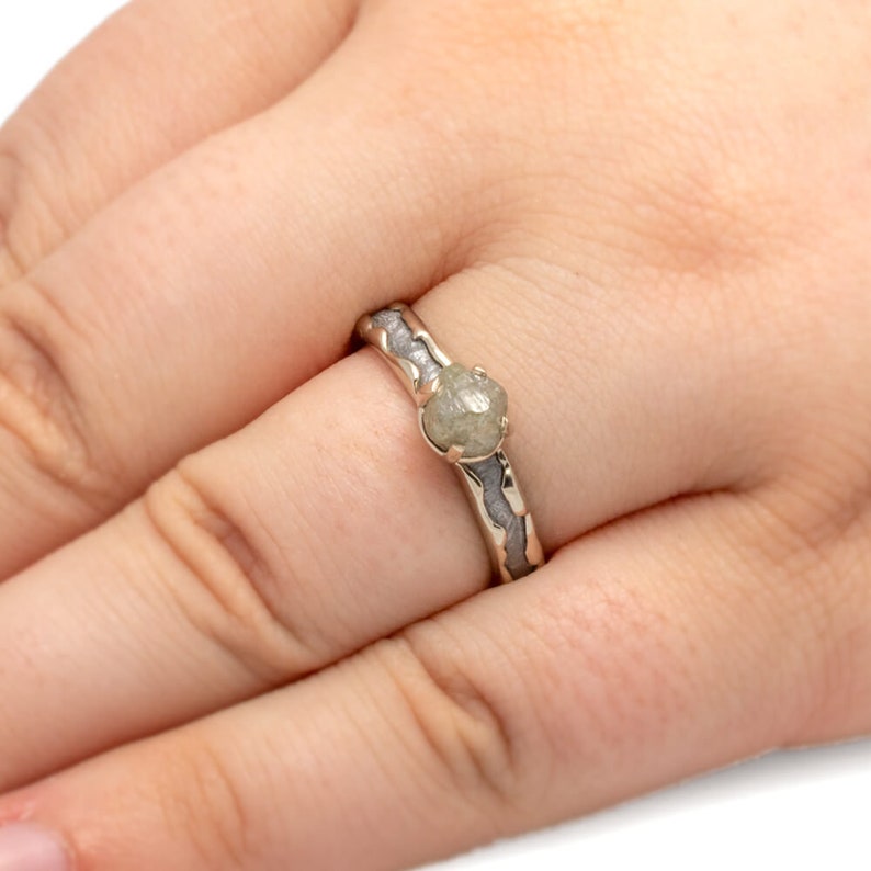 Rough Diamond & Meteorite Engagement Ring With Wavy Design - Etsy