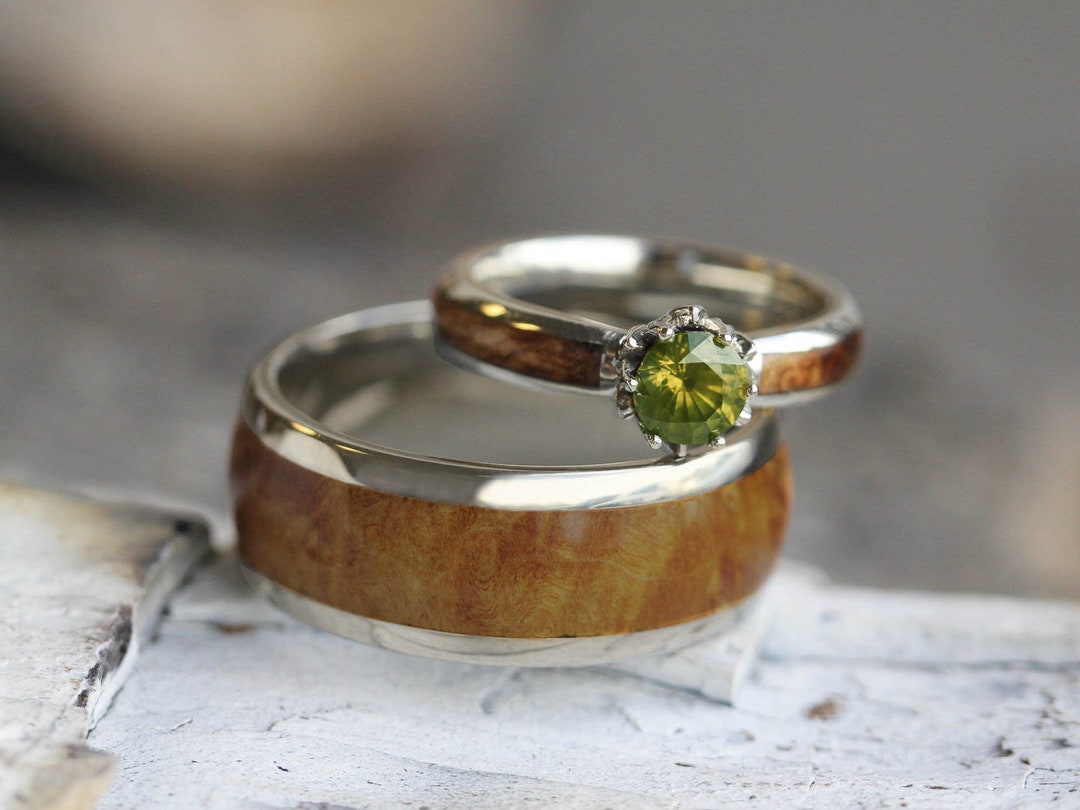 His and Hers Solid Gold Wood Wedding Ring Set Lotus Prong - Etsy