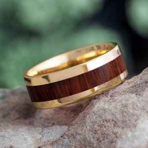 14k Gold Wedding Band With Wood Inlay, Solid Gold With Durable Wood ...