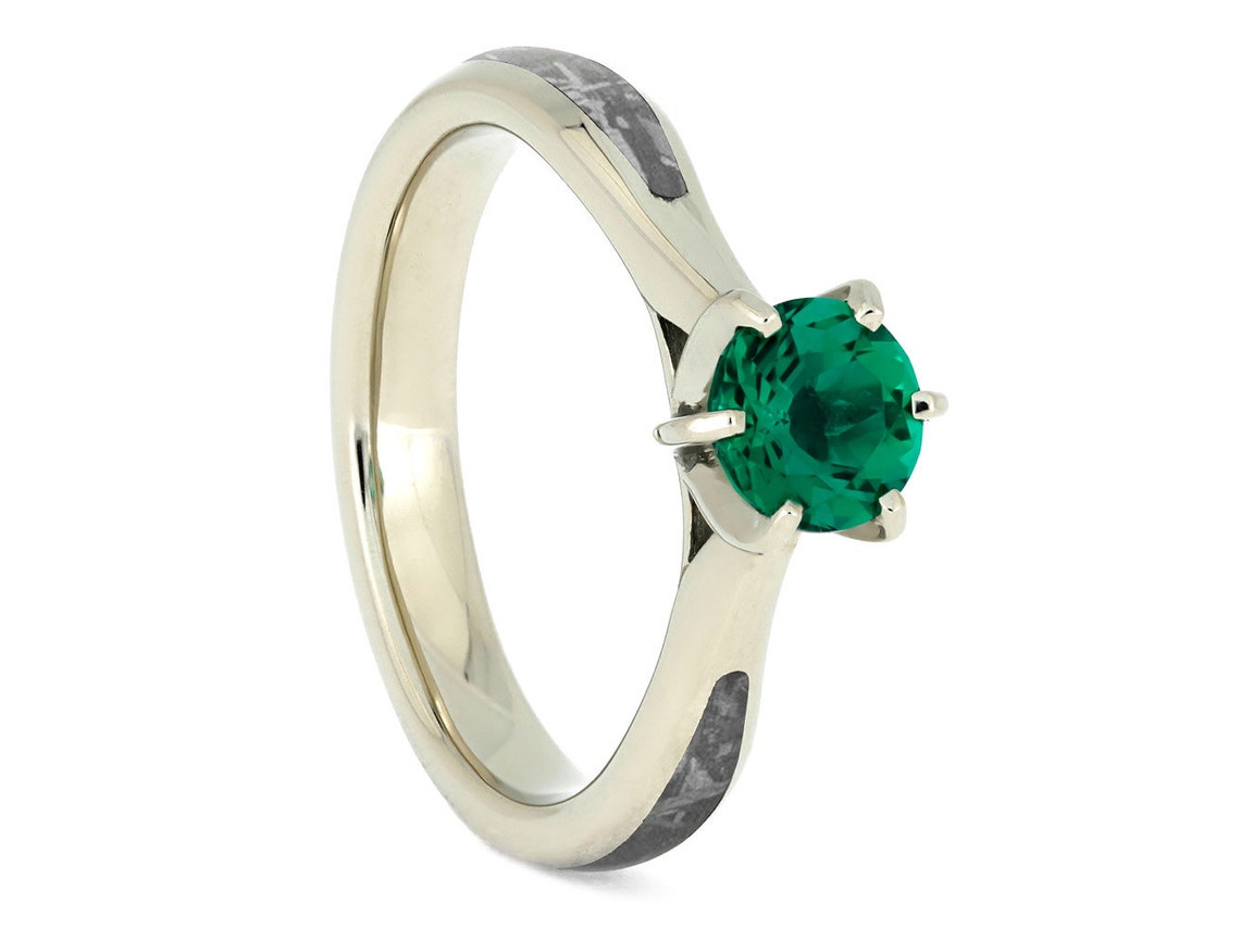 Emerald & Meteorite Engagement Ring Solitaire Emerald Ring | Etsy