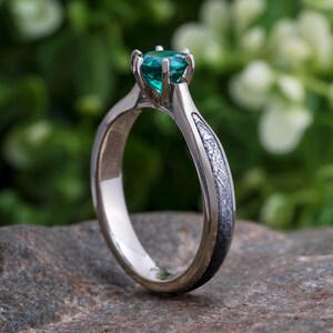 Emerald & Meteorite Engagement Ring, Solitaire Emerald Ring With Six ...