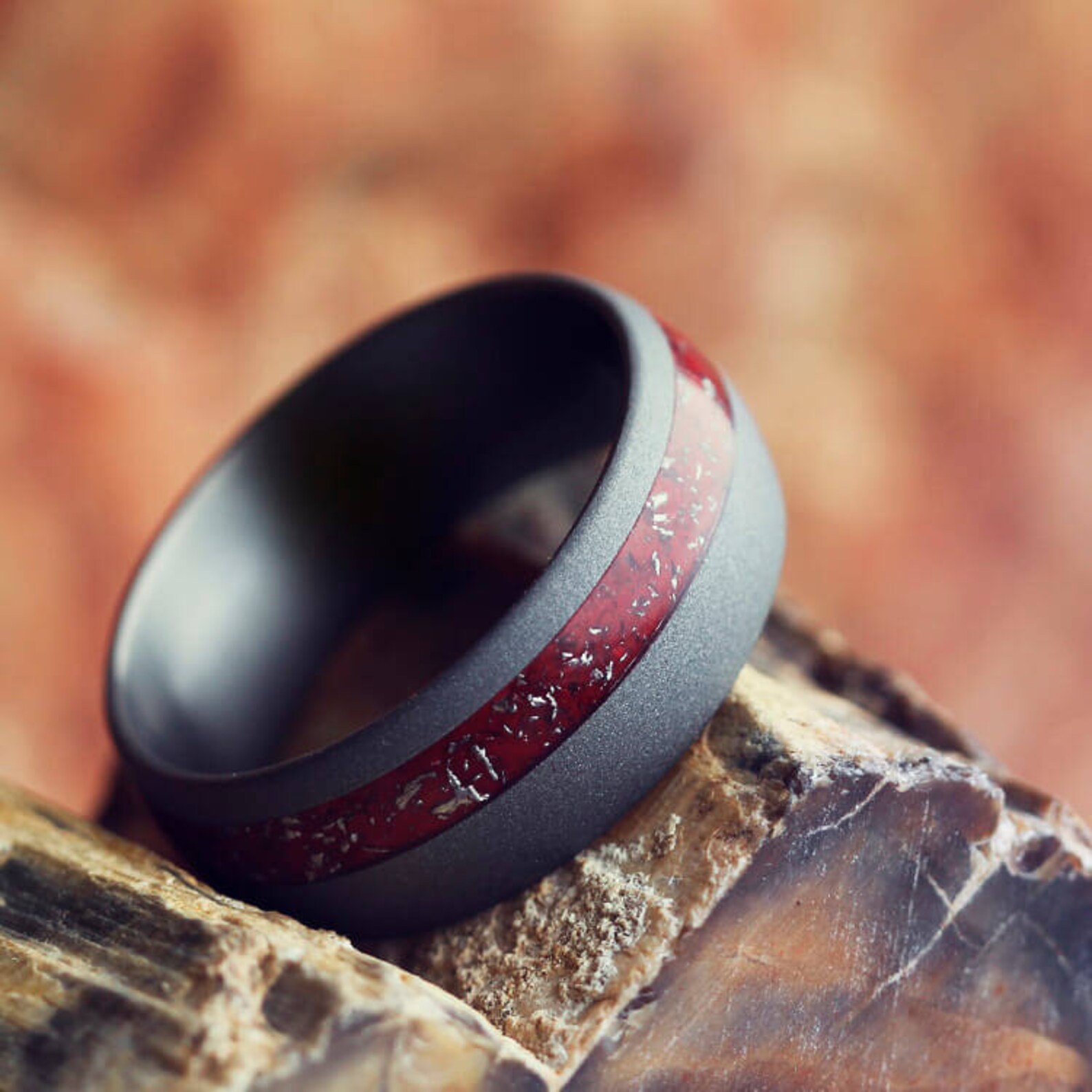 Thick Red Men's Wedding Band With Meteorite Other | Etsy