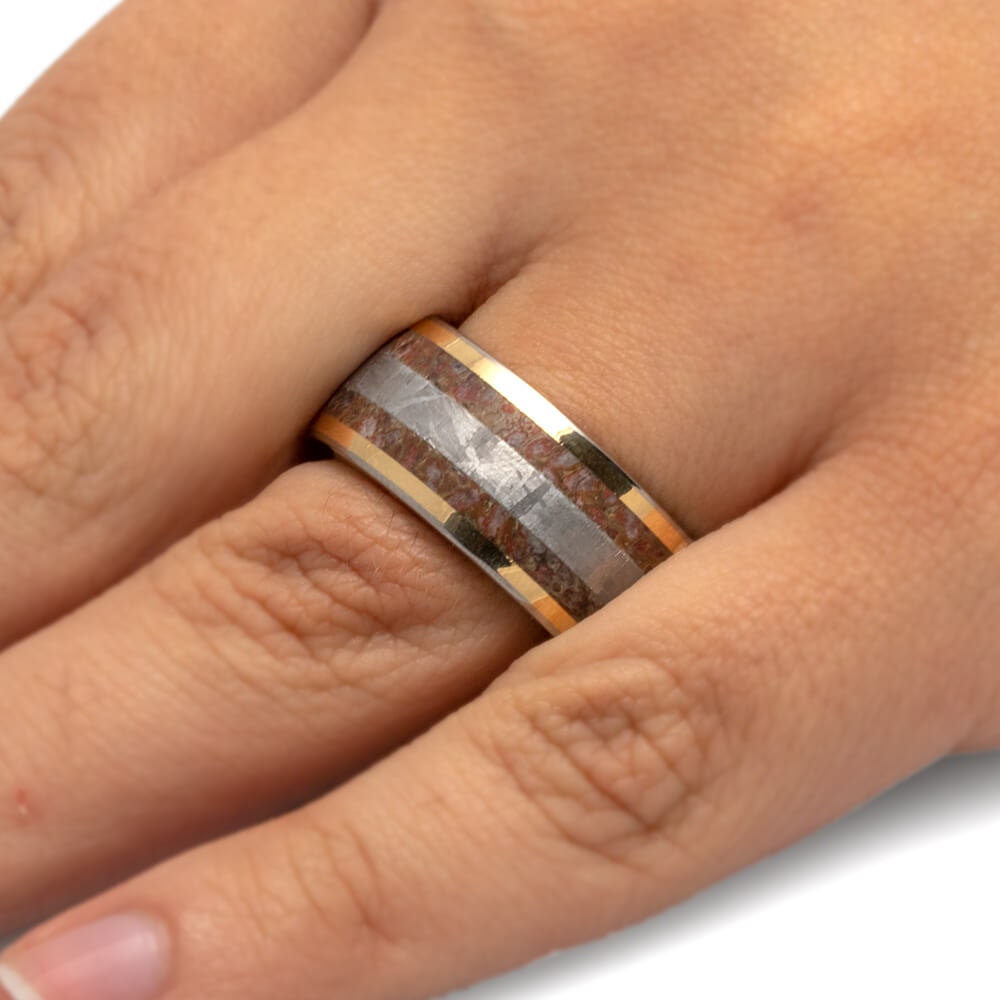 Rose Gold Fossil Ring, Meteorite Wedding Band With Whiskey Oak Sleeve ...