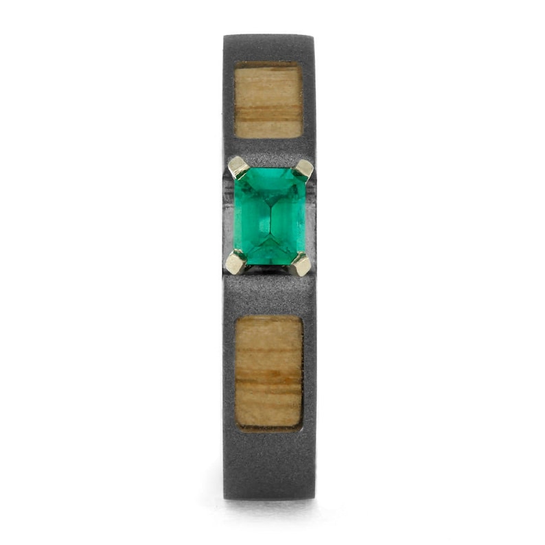 Emerald Engagement Ring, Oak Wood Inlay, Sandblasted Titanium Band - Etsy