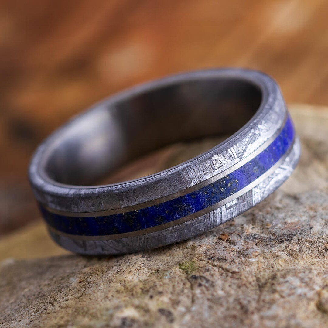 Lapis Lazuli & Meteorite Men's Wedding Band With Masculine - Etsy