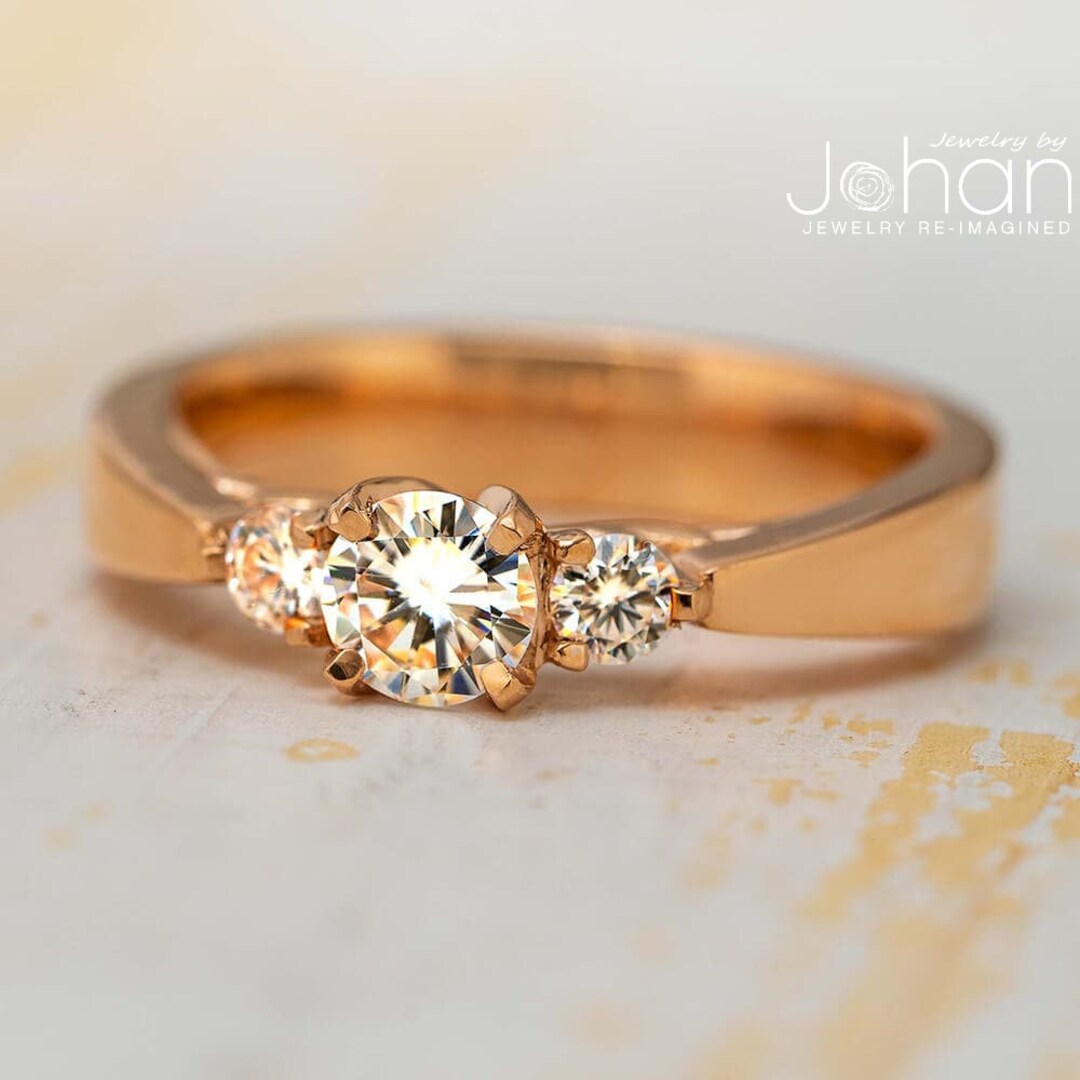 Three Stone Engagement Ring in Rose Gold With Floral Prongs, Unique ...
