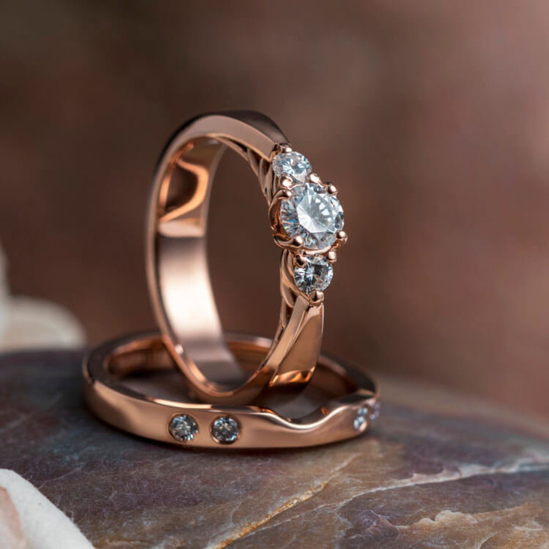 Rose Gold Bridal Set With Three Stone Engagement Ring With - Etsy